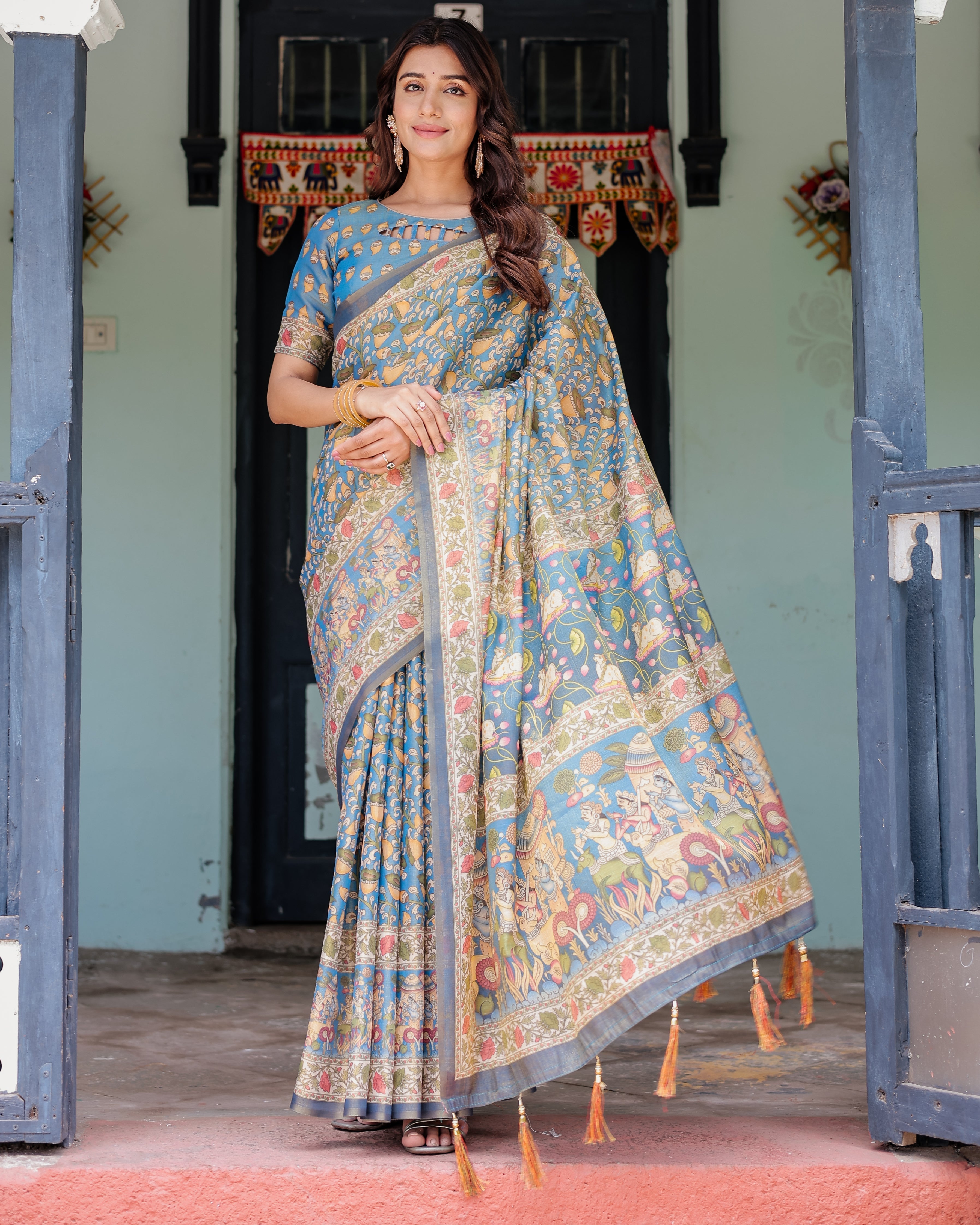 Divine Blue Handloom Cotton Saree with Shankh & Krishna Pallu Motifs ...